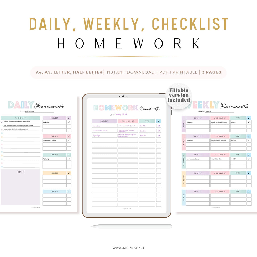 FILLABLE Homework Tracker Bundle PRINTABLE - M536 – mrsneat