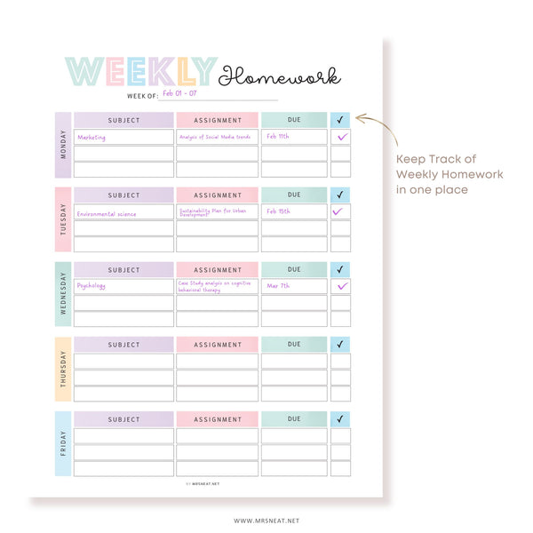 FILLABLE Homework Tracker Bundle PRINTABLE - M536 – mrsneat