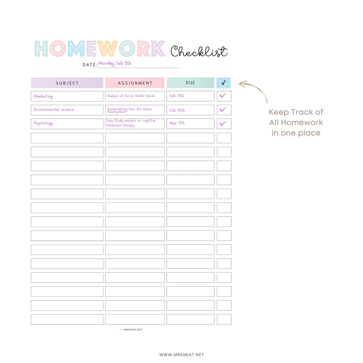 FILLABLE Homework Tracker Bundle PRINTABLE - M536 – mrsneat