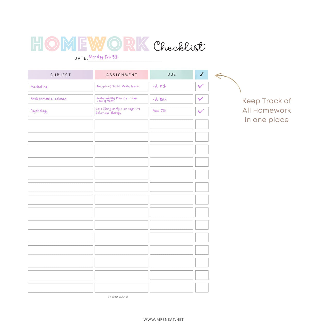FILLABLE Homework Tracker Bundle PRINTABLE - M536 – mrsneat