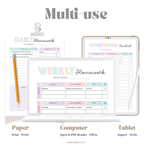 FILLABLE Homework Tracker Bundle PRINTABLE - M536 – mrsneat
