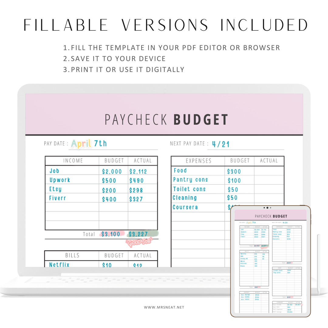 Paycheck Budget Template Printable - M147 – mrsneat