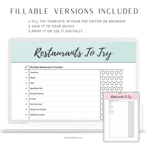 Restaurants To Try List Template - M376 – mrsneat