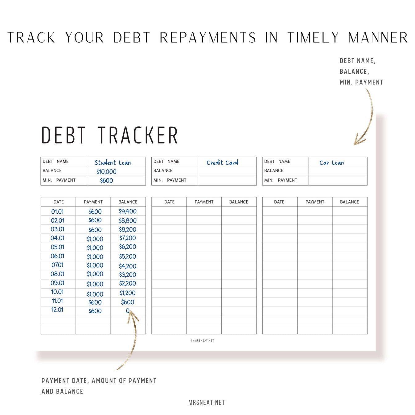 Editable Debt Payment Tracker PDF - M490 – mrsneat