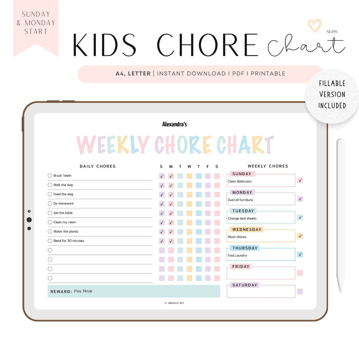 Editable Kids Chore Chart Printable PDF - M491 – mrsneat