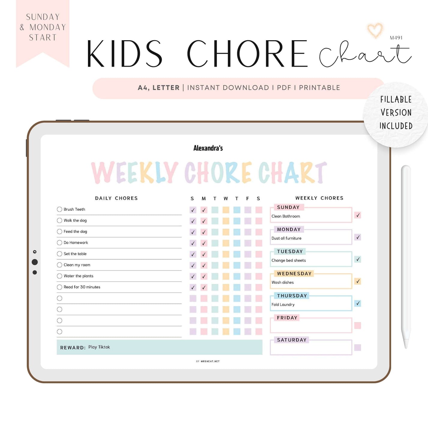 Editable Kids Chore Chart Printable PDF - M491 – mrsneat