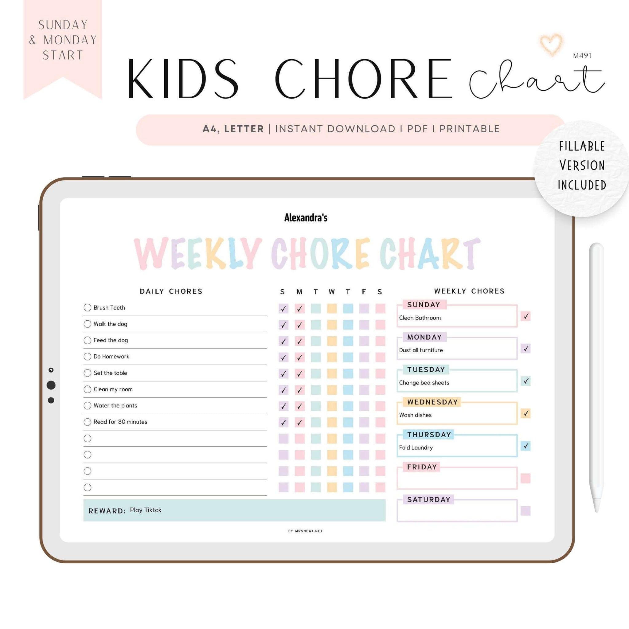 Editable Kids Chore Chart Printable PDF - M491 – mrsneat