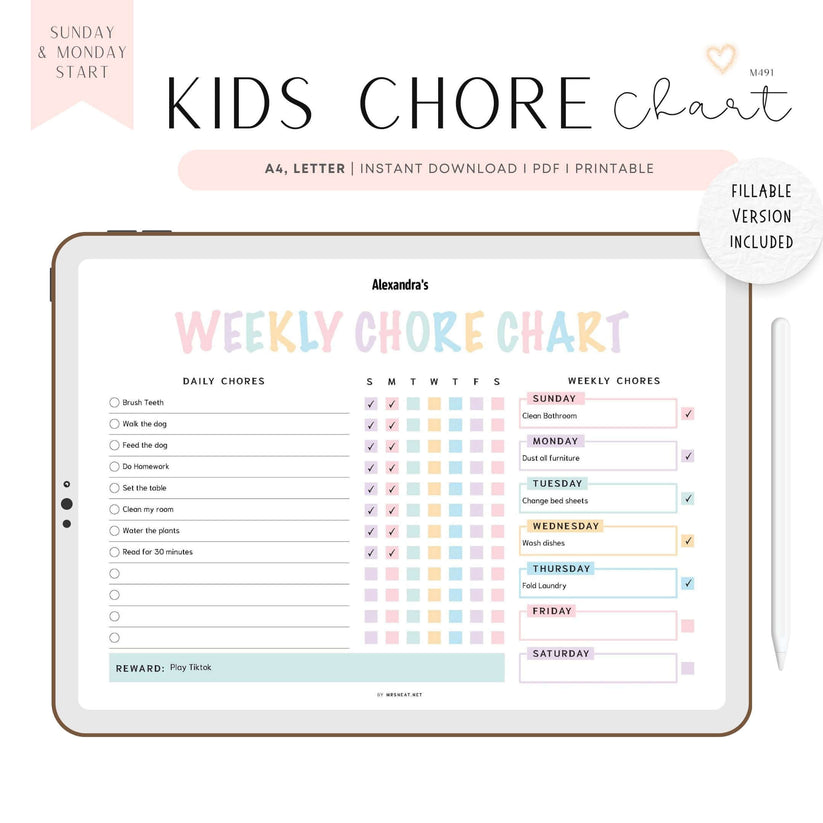 Editable Kids Chore Chart Printable PDF - M491 – mrsneat