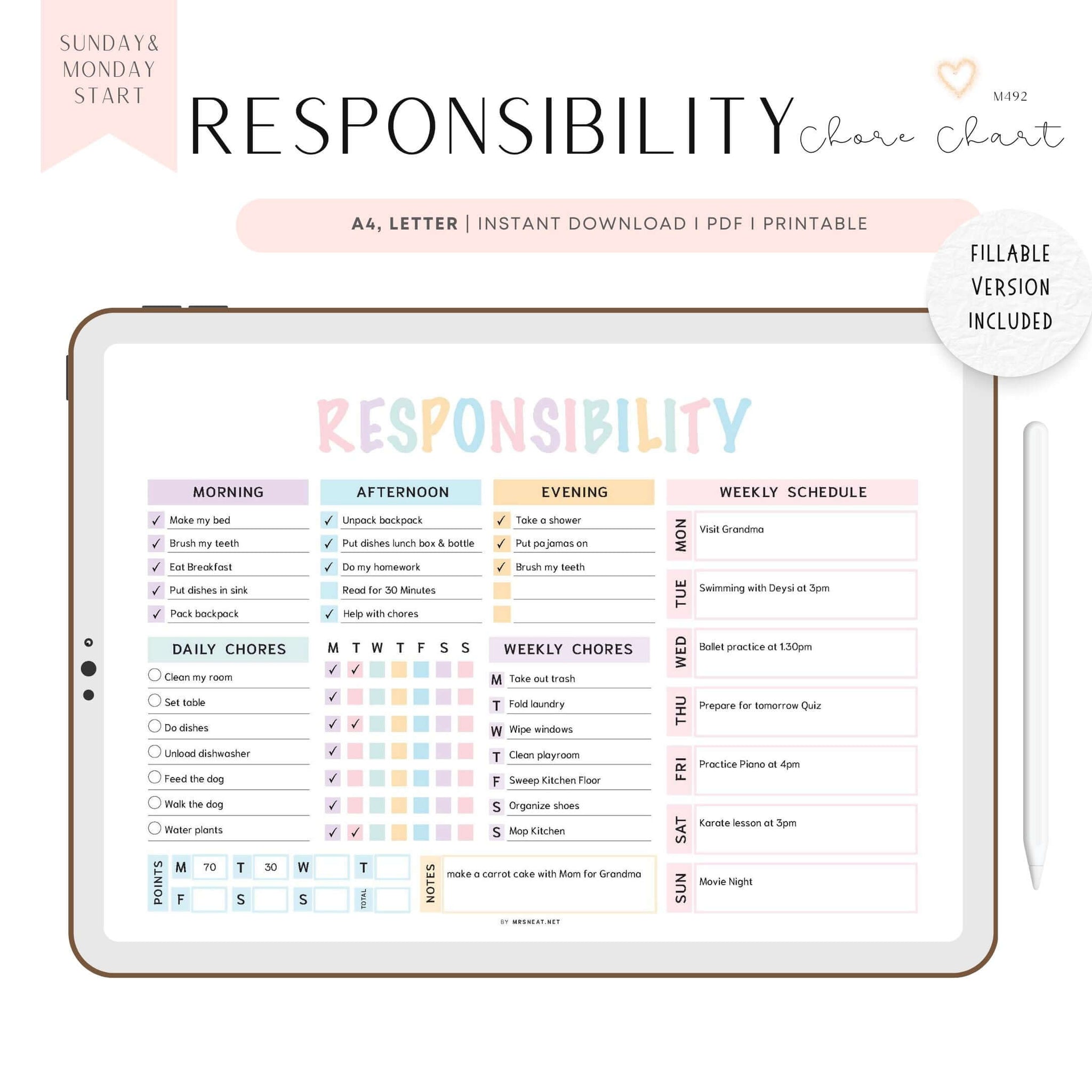 Editable Responsibility Chore Chart Printable PDF - M492 – mrsneat