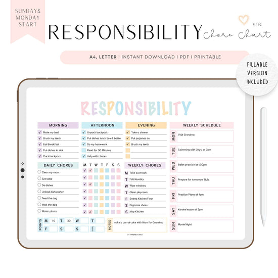 Editable Responsibility Chore Chart Printable PDF - M492 – mrsneat
