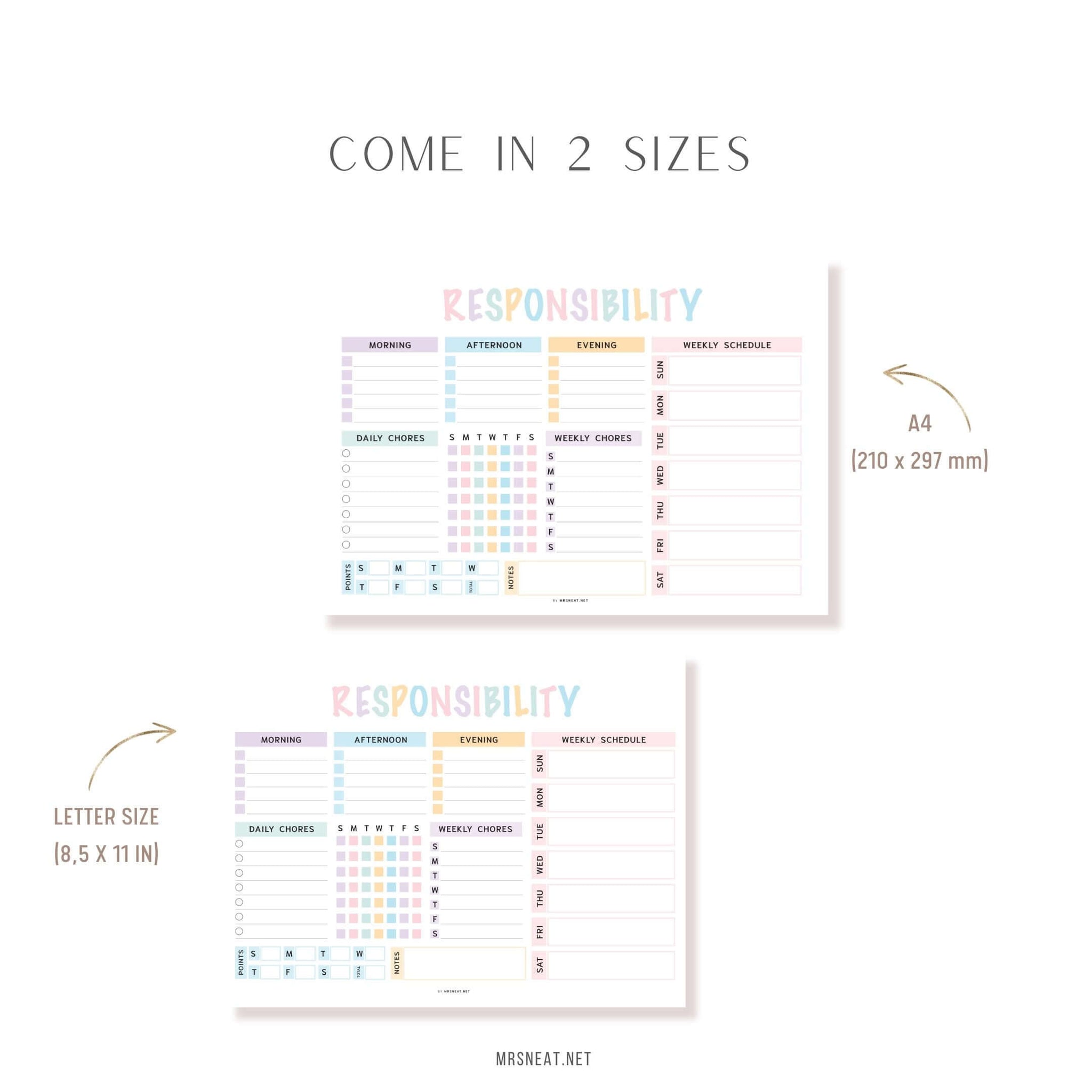 Editable Responsibility Chore Chart Printable PDF - M492 – mrsneat
