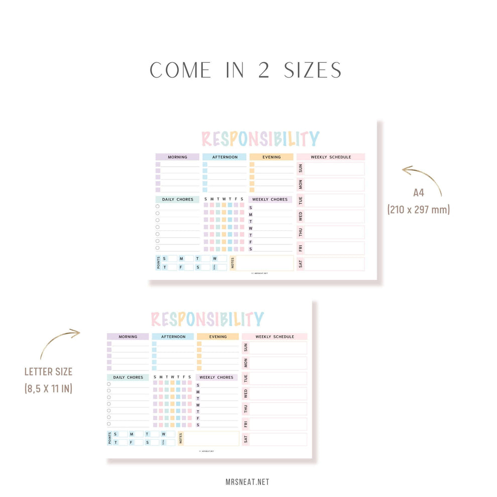 Editable Responsibility Chore Chart Printable PDF - M492 – mrsneat