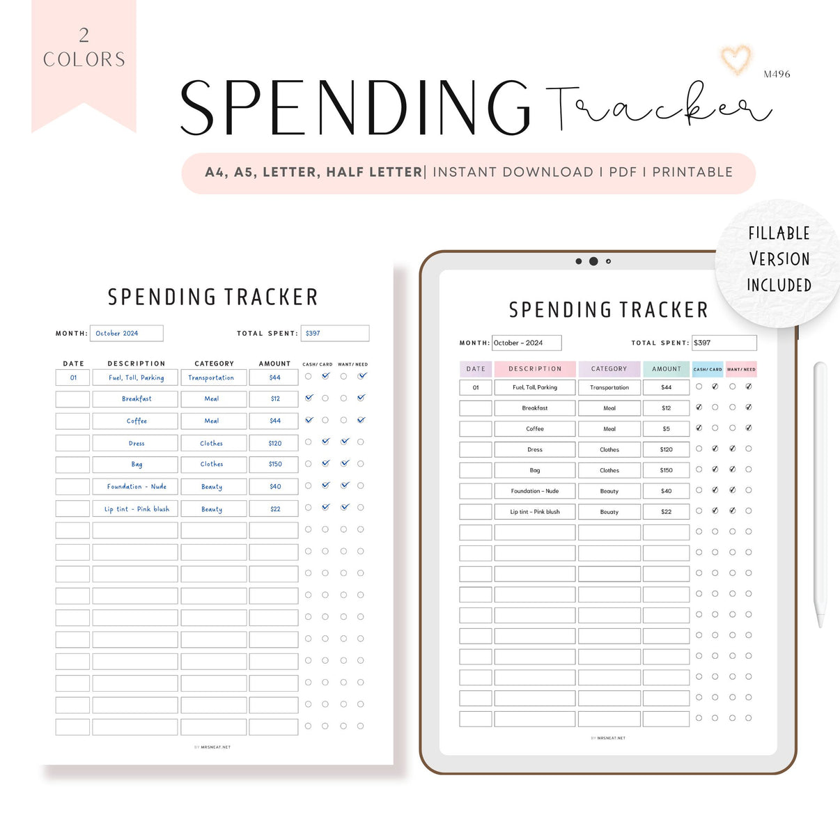 Editable Spending Tracker Printable PDF - M496 – mrsneat