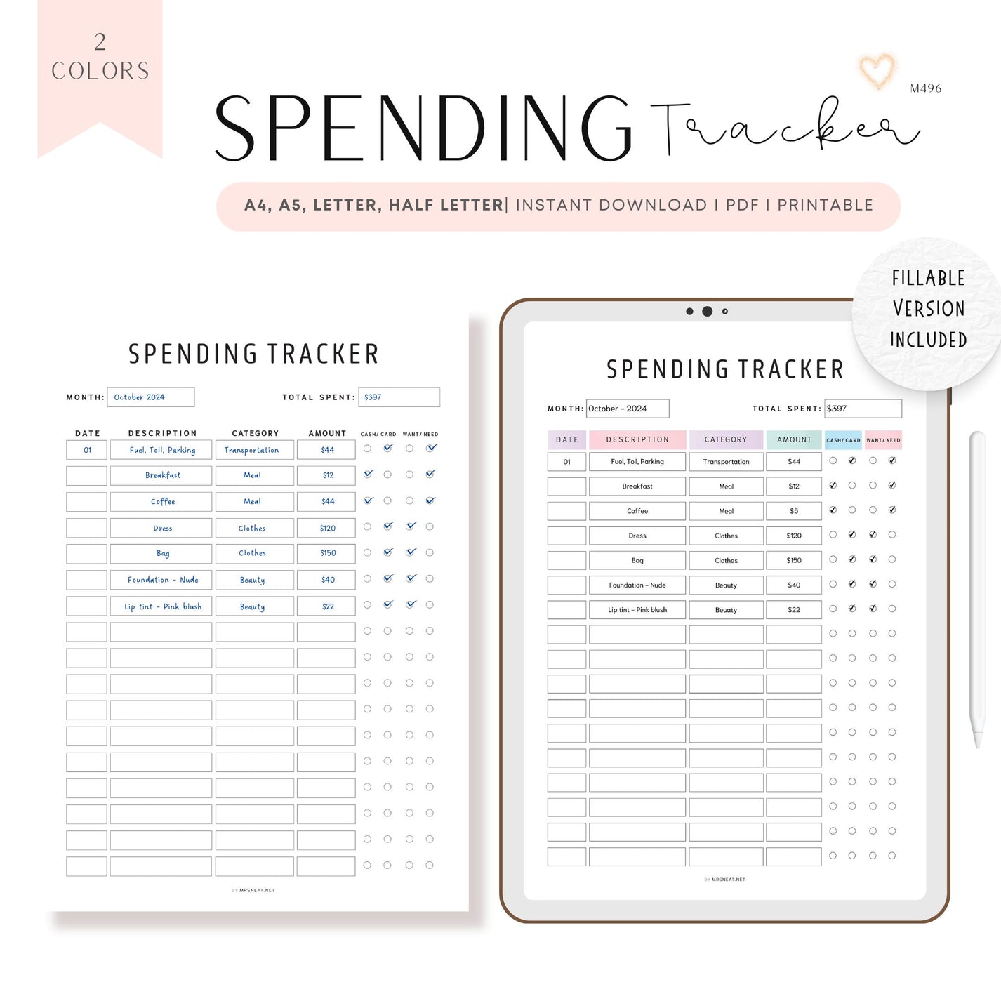 Editable Spending Tracker Printable PDF - M496 – mrsneat