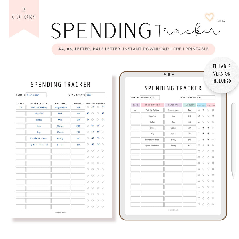 Editable Spending Tracker Printable PDF - M496 – mrsneat