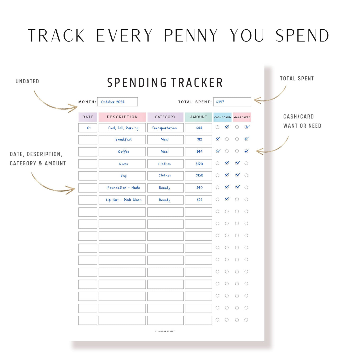 Editable Spending Tracker Printable PDF - M496 – mrsneat
