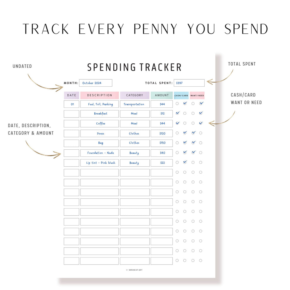 Editable Spending Tracker Printable PDF - M496 – mrsneat