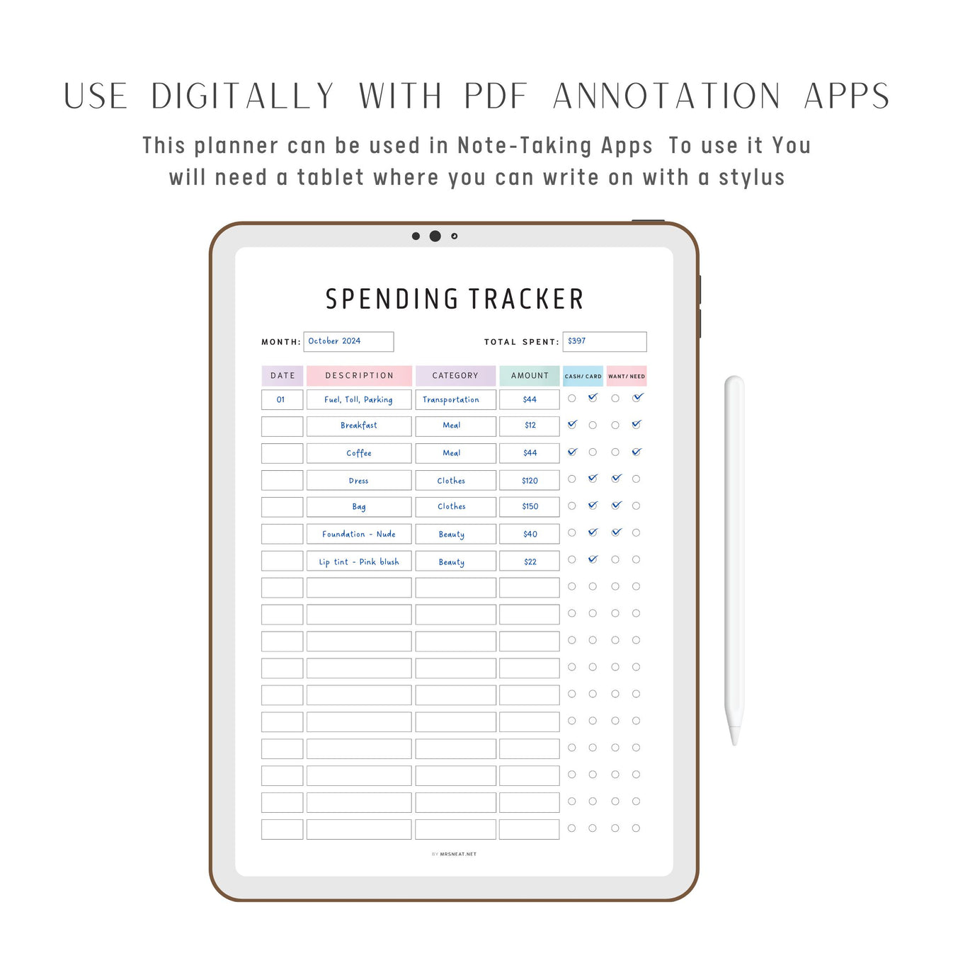 Editable Spending Tracker Printable PDF - M496 – mrsneat