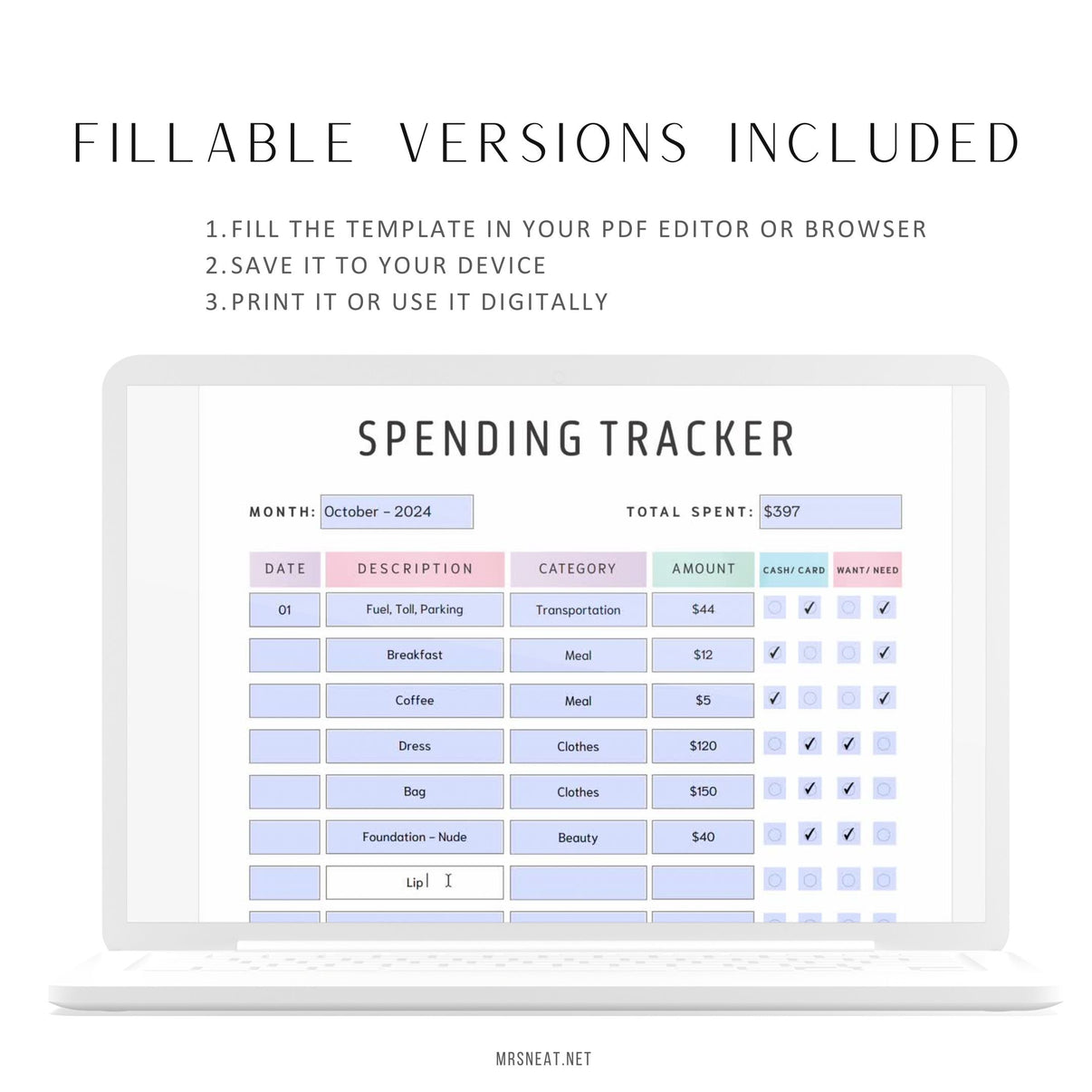 Editable Spending Tracker Printable PDF - M496 – mrsneat