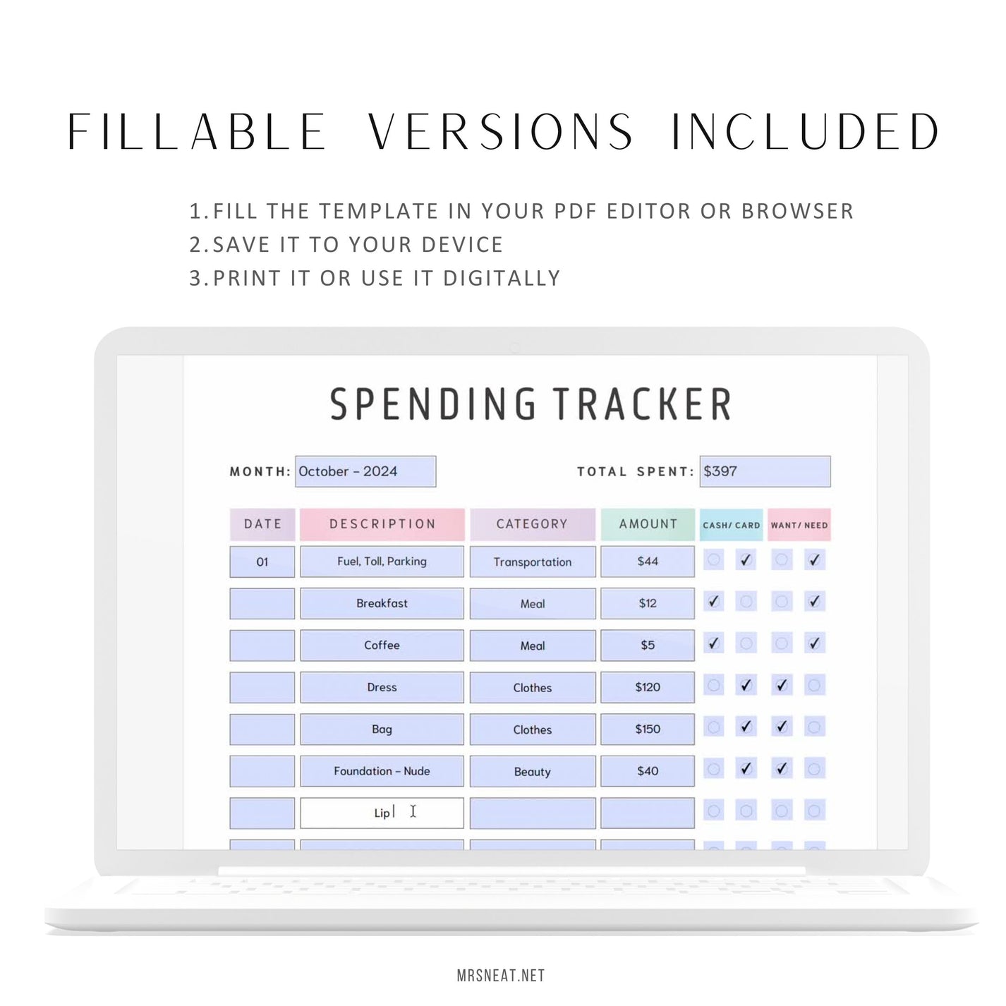 Editable Spending Tracker Printable PDF - M496 – mrsneat