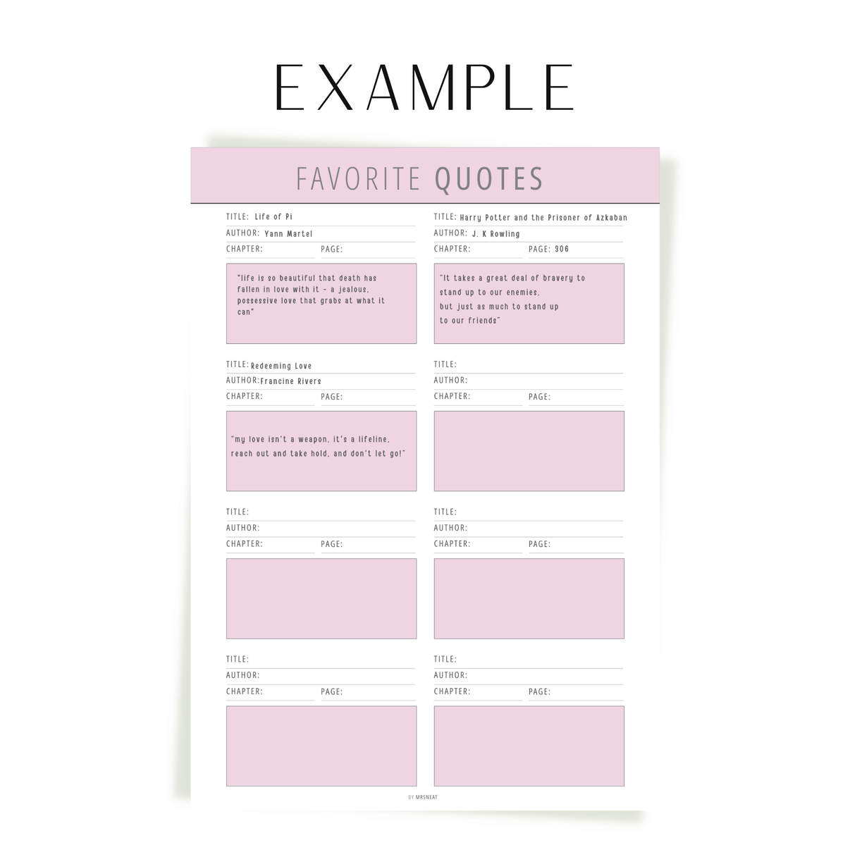 Favorite Books & Quotes Template Printable – mrsneat