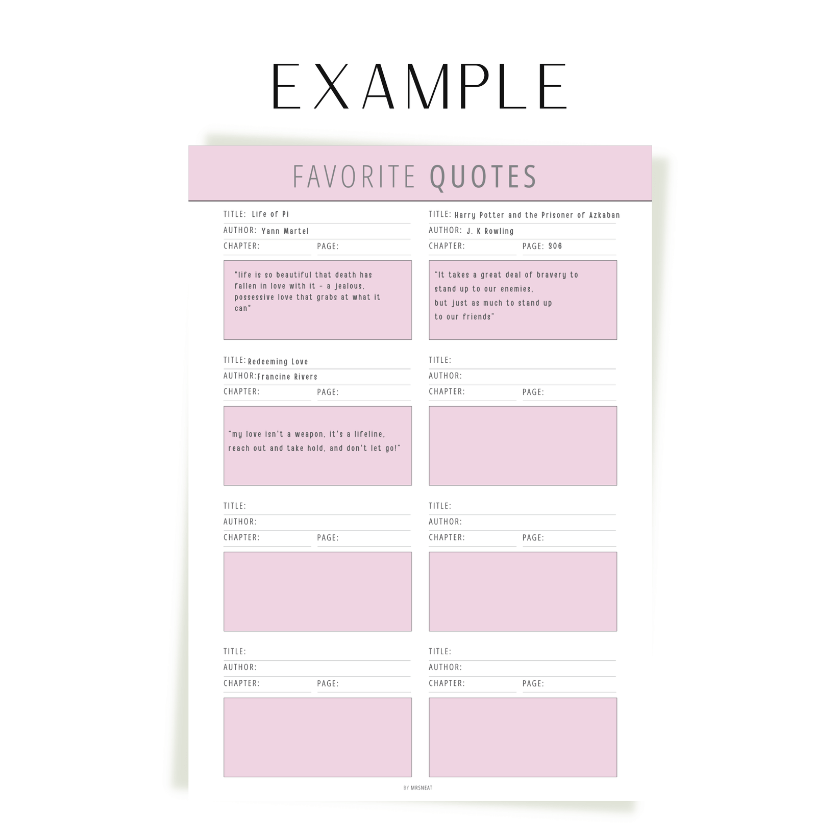 Favorite Books & Quotes Template Printable – mrsneat
