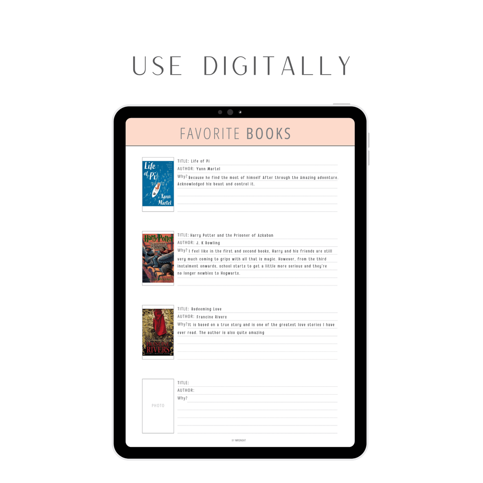 Favorite Books & Quotes Template PRINTABLE - M214 – mrsneat