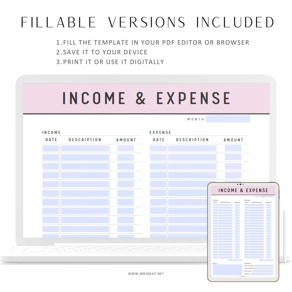 Income and Expense Tracker on One Page Printable - M279 – mrsneat