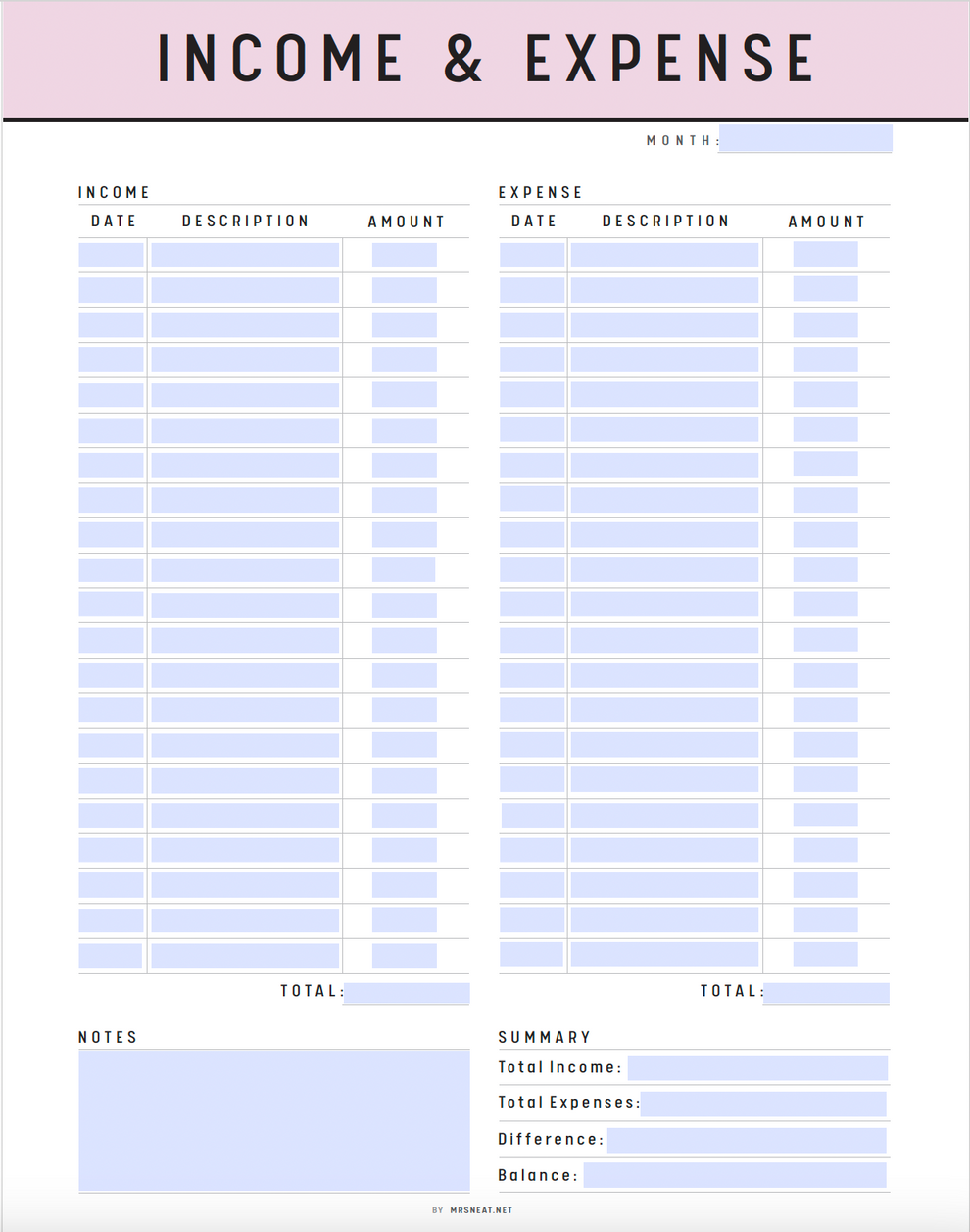 Income and Expense Tracker on One Page Printable - M279 – mrsneat