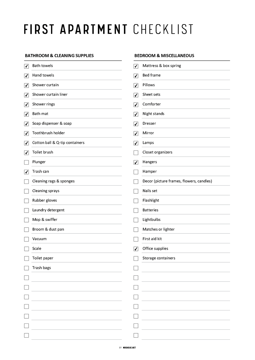 First Apartment Checklist PRINTABLE PDF - M474 – mrsneat