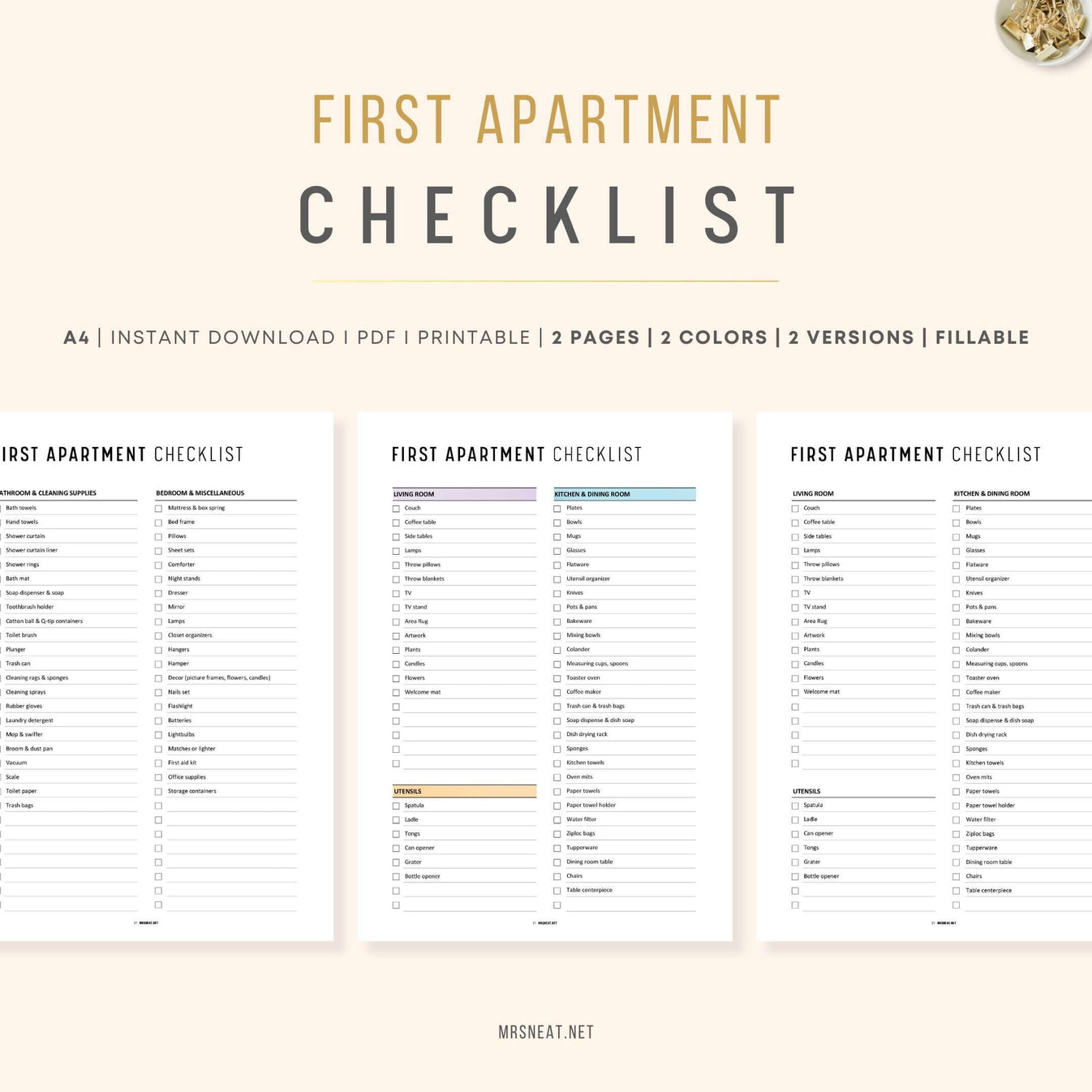 First Apartment Checklist PRINTABLE PDF - M474 – mrsneat