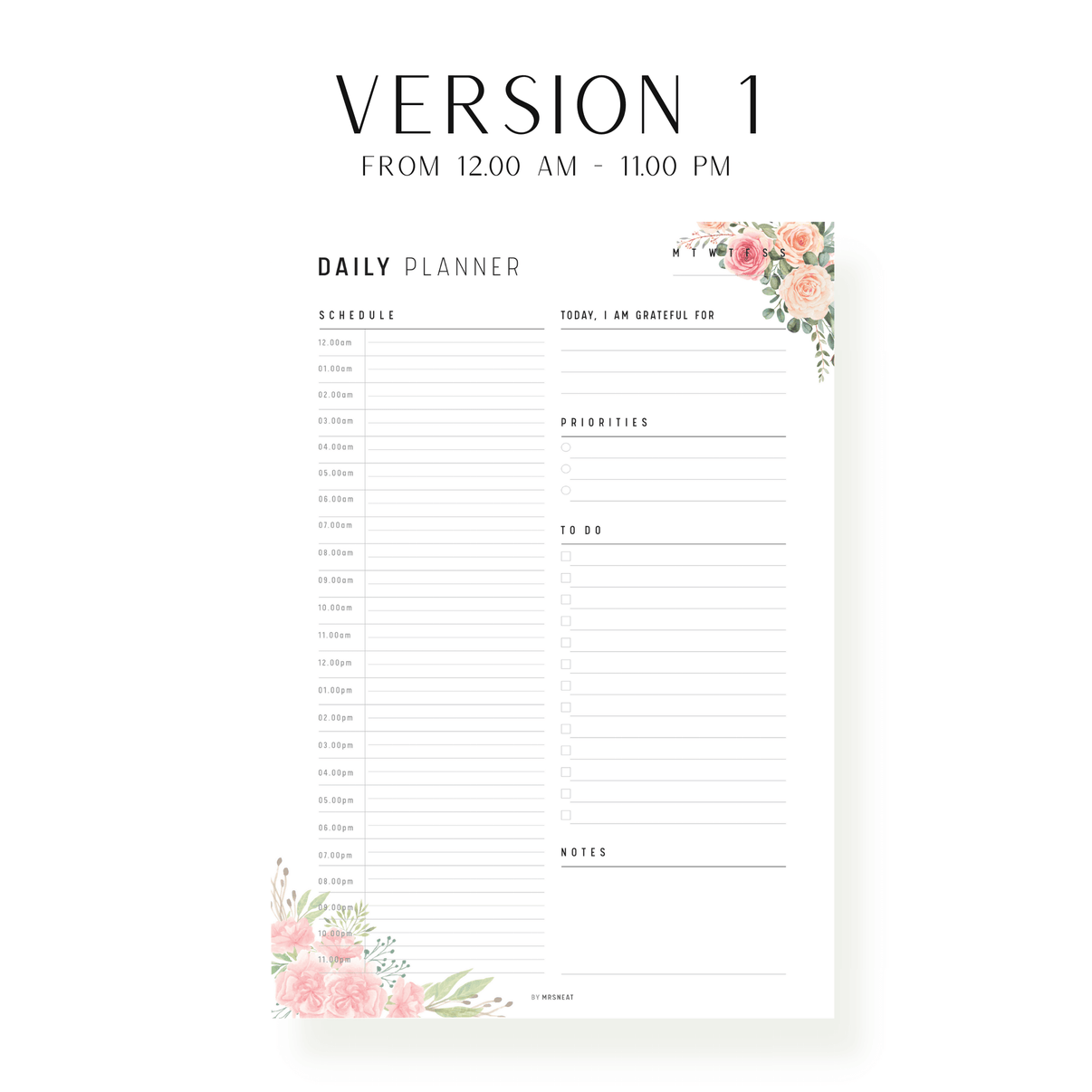 Floral 24 Hour Daily Planner Printable - M202 – mrsneat