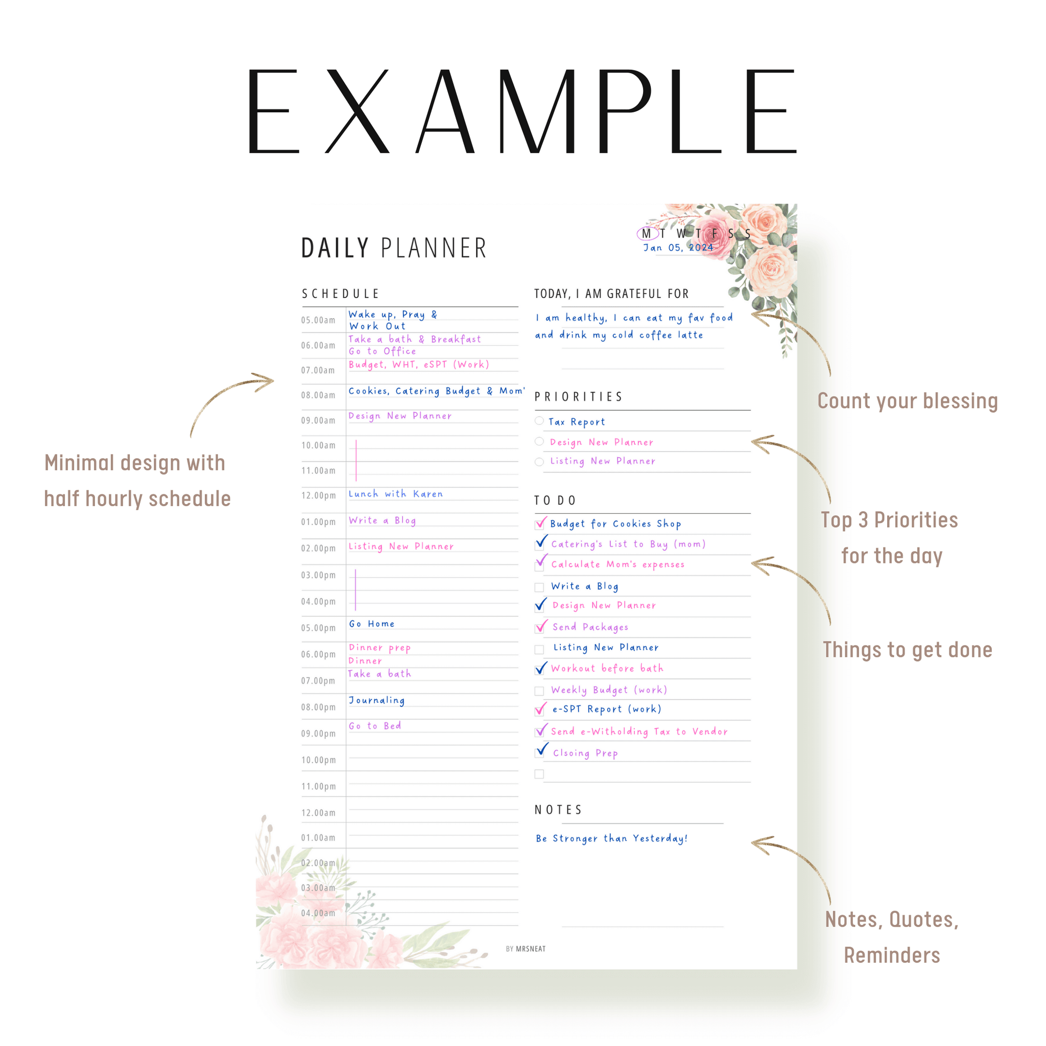 Floral 24 Hour Daily Planner Printable – mrsneat