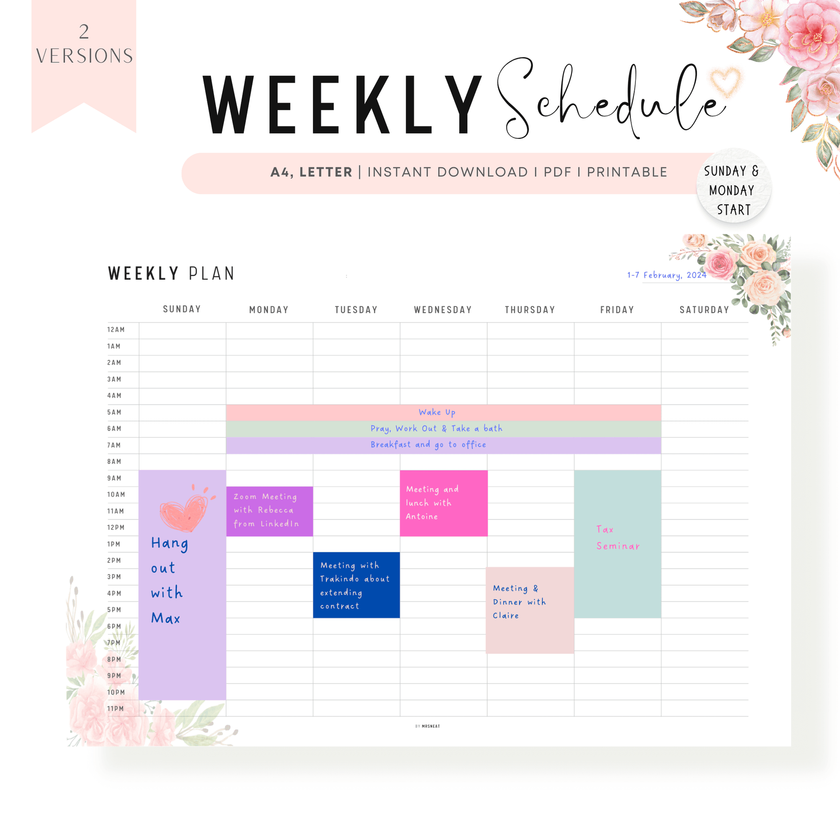 Floral Hourly Weekly Schedule Printable - M210 – mrsneat