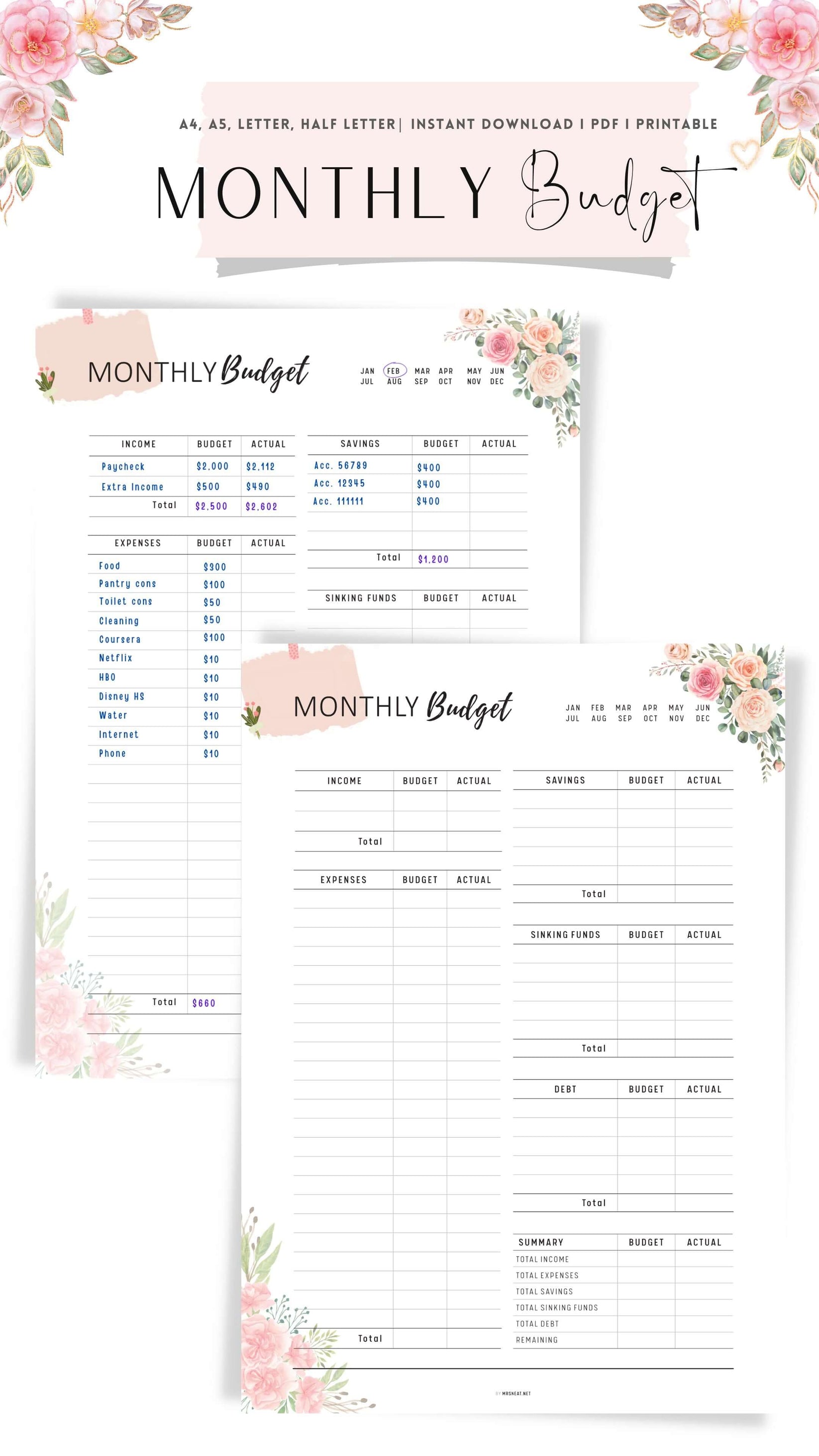 Floral Monthly Budget Tracker Printable - M313 – mrsneat