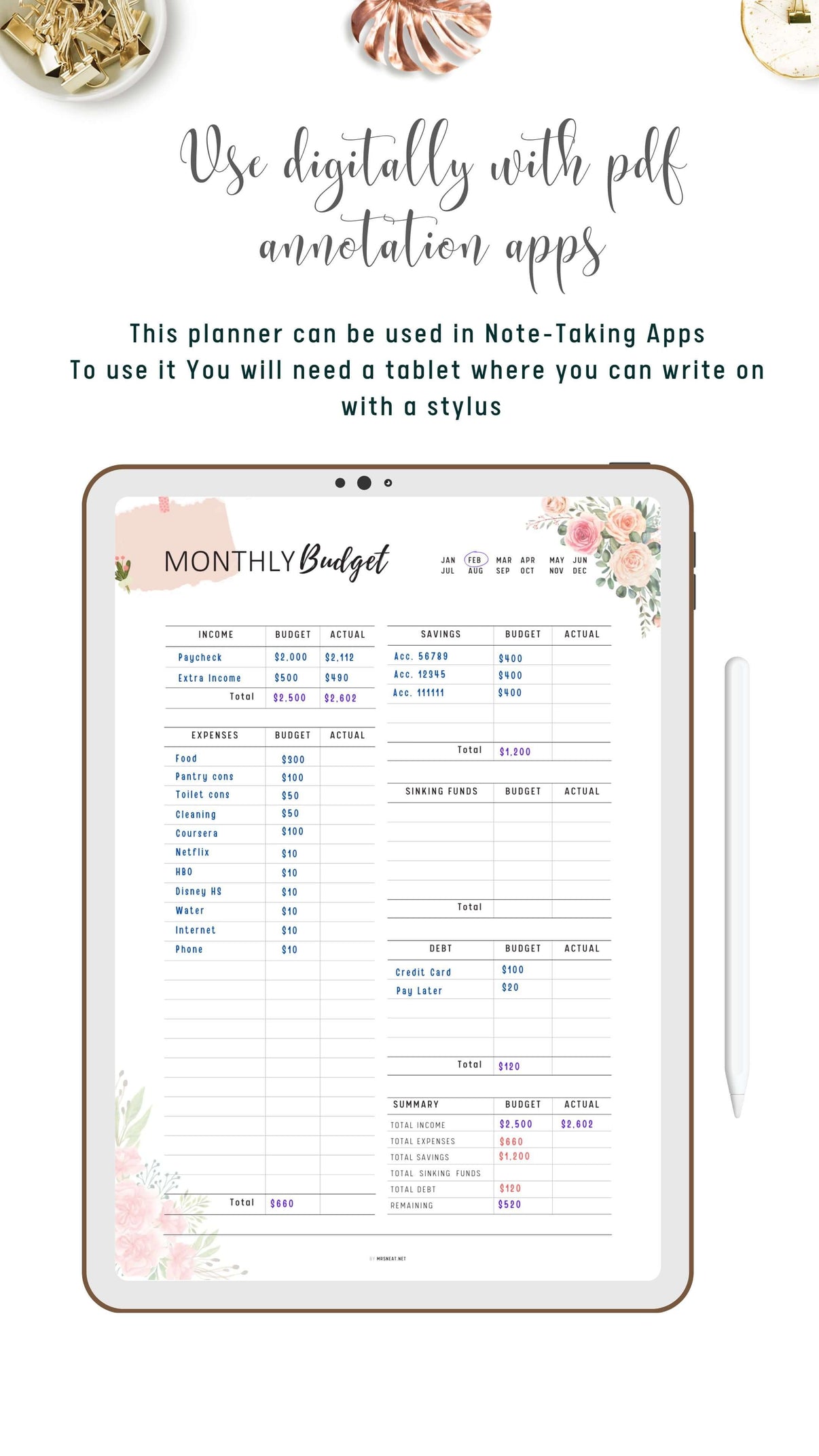 Floral Monthly Budget Tracker Printable – mrsneat