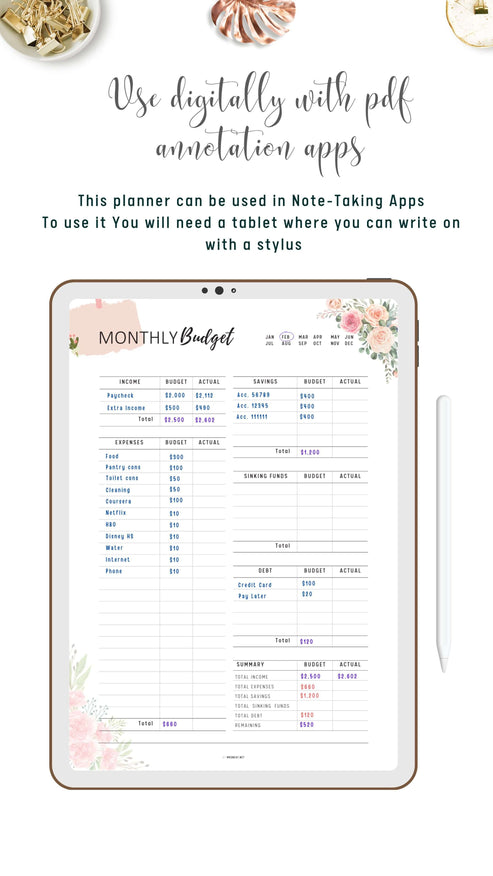 Floral Monthly Budget Tracker Printable - M313 – mrsneat