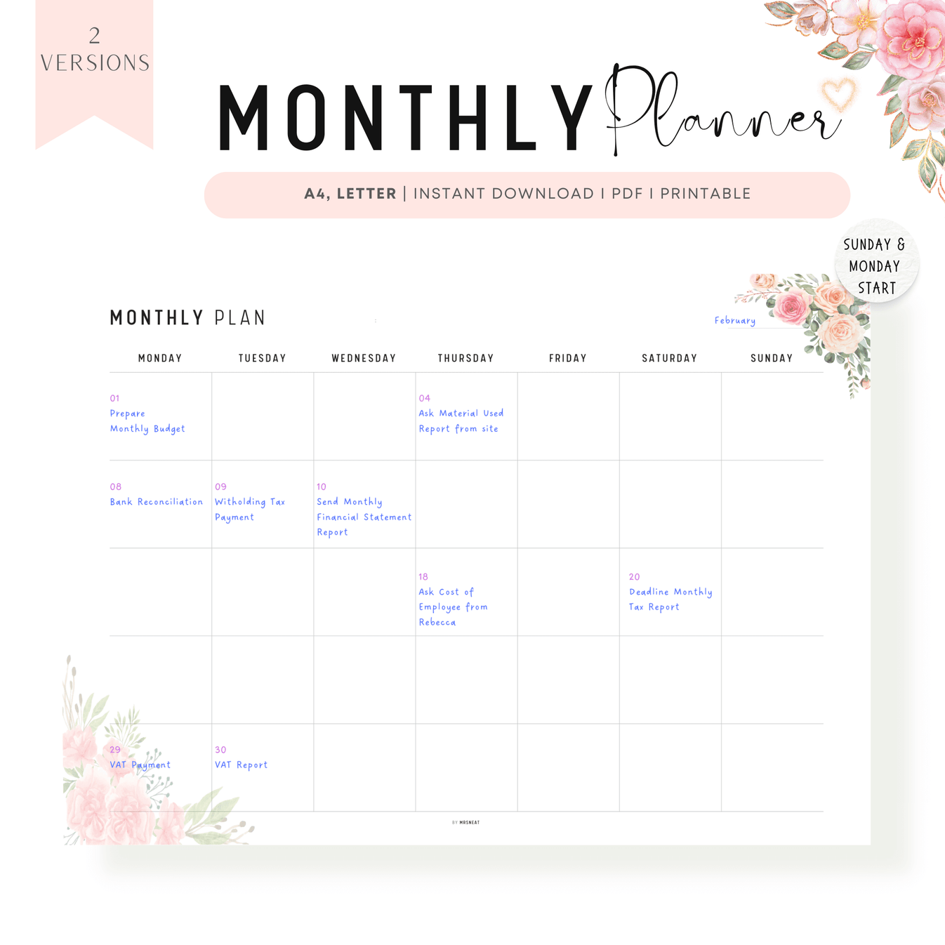 Floral Editable Monthly Planner Landscape - M212 – mrsneat