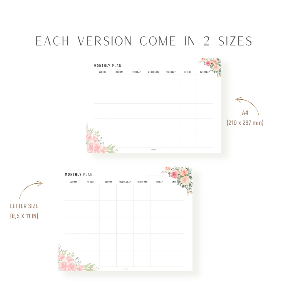 Floral Editable Monthly Planner Landscape - M212 – mrsneat