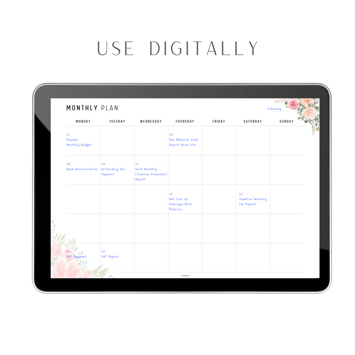 Floral Editable Monthly Planner Landscape - M212 – mrsneat