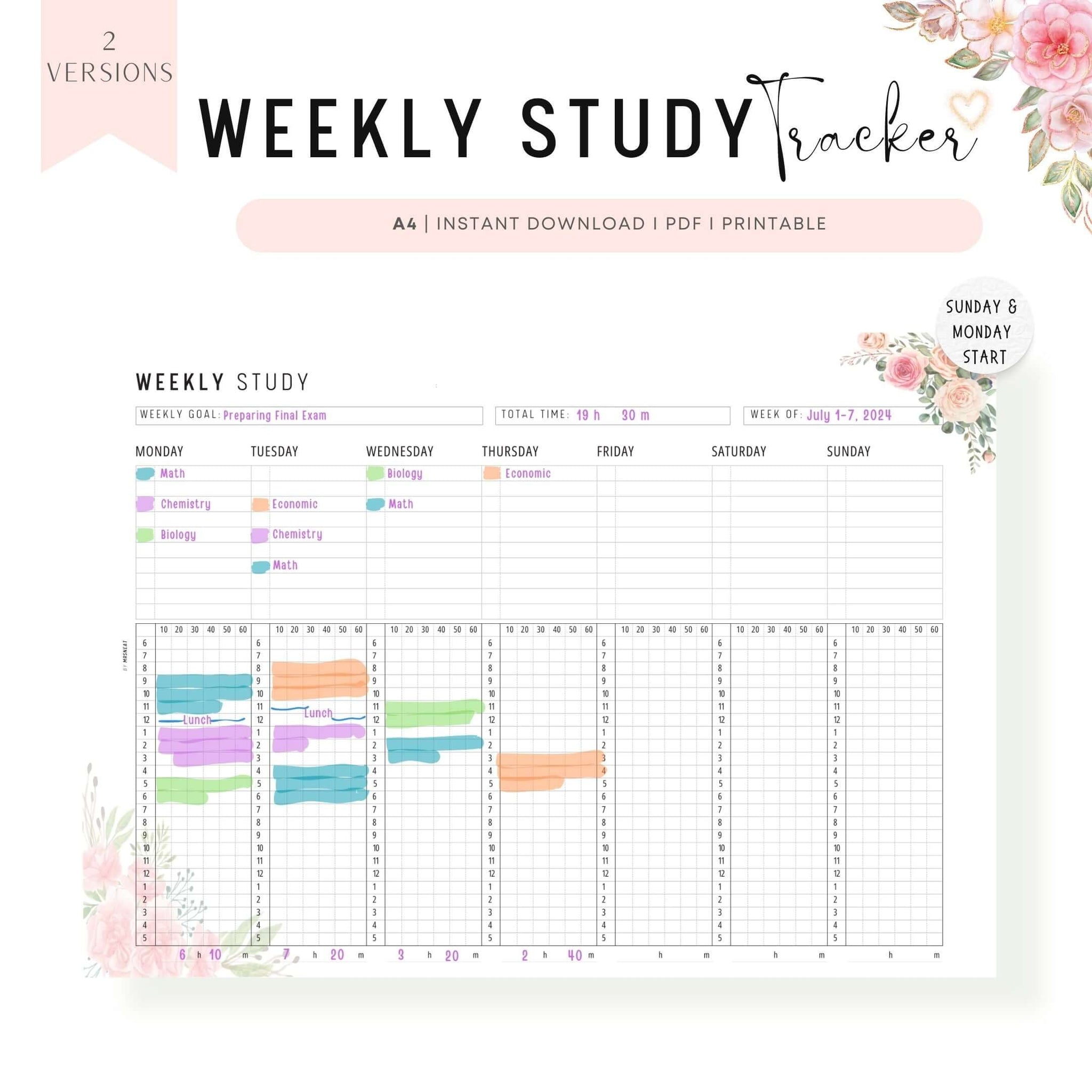 Floral Weekly Study Tracker Template – mrsneat