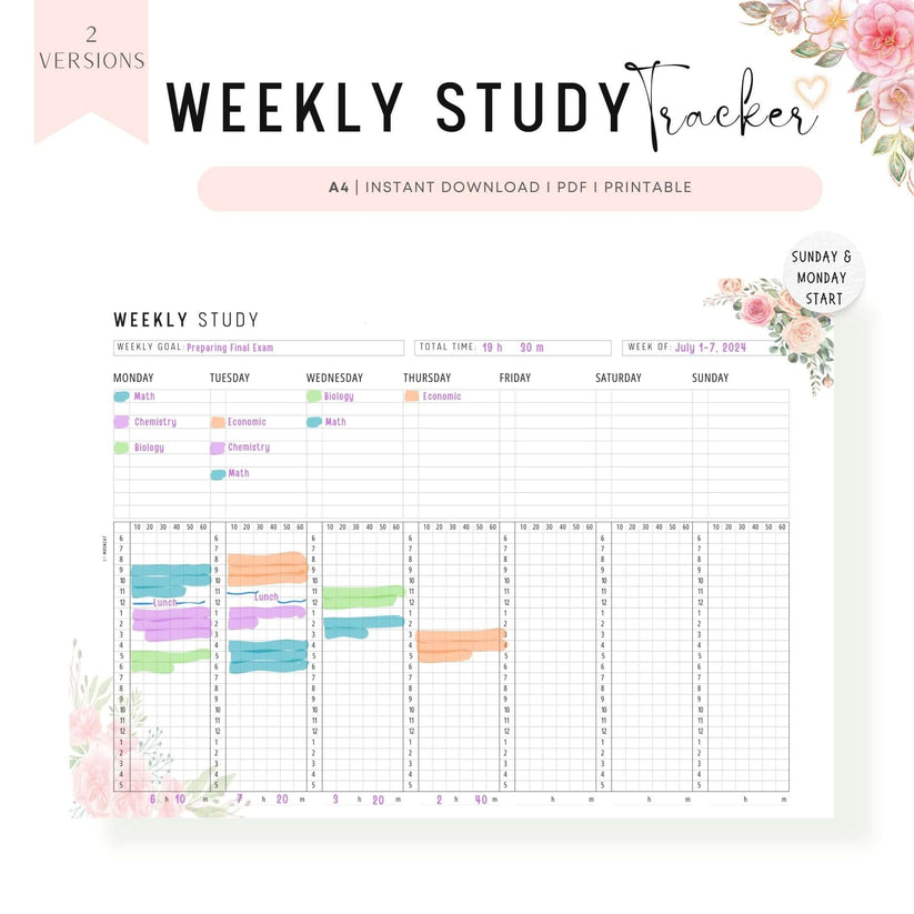 Floral Weekly Study Tracker Template PRINTABLE - M242 – mrsneat