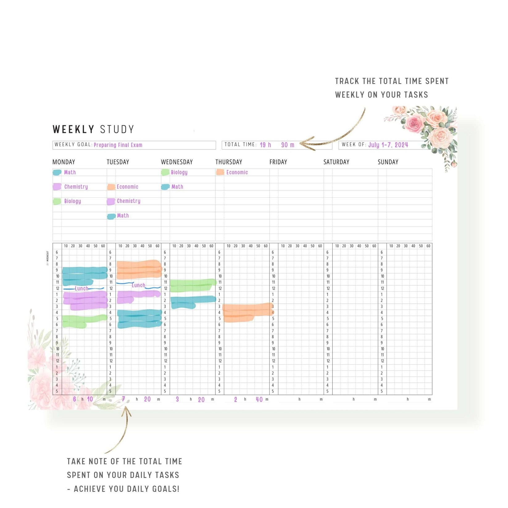 Floral Weekly Study Tracker Template PRINTABLE - M242 – mrsneat