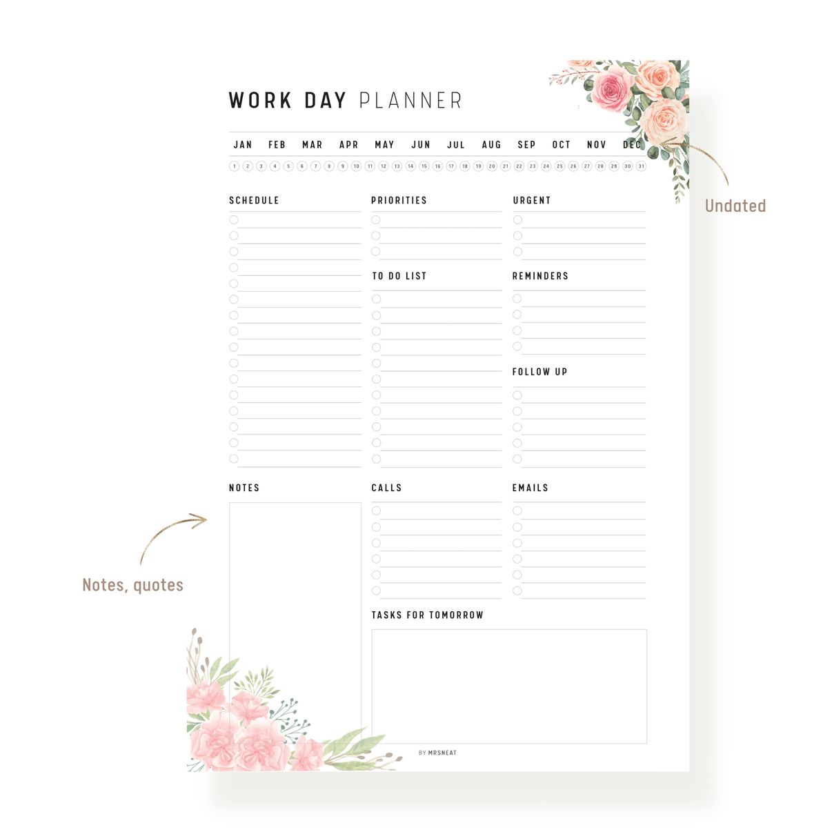 Floral Work Day Planner Printable - M206 – mrsneat