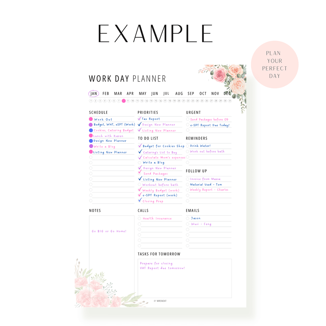 Floral Work Day Planner Printable – mrsneat