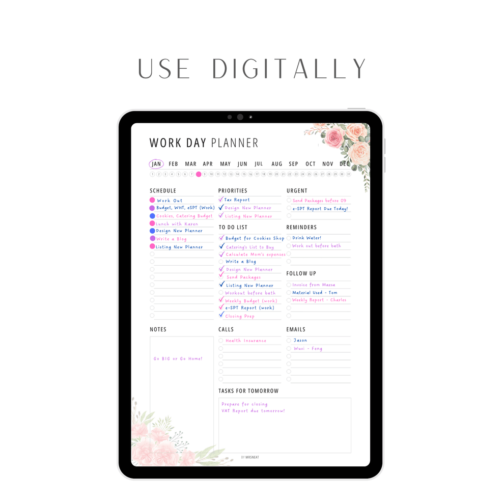 Floral Work Day Planner Printable - M206 – mrsneat