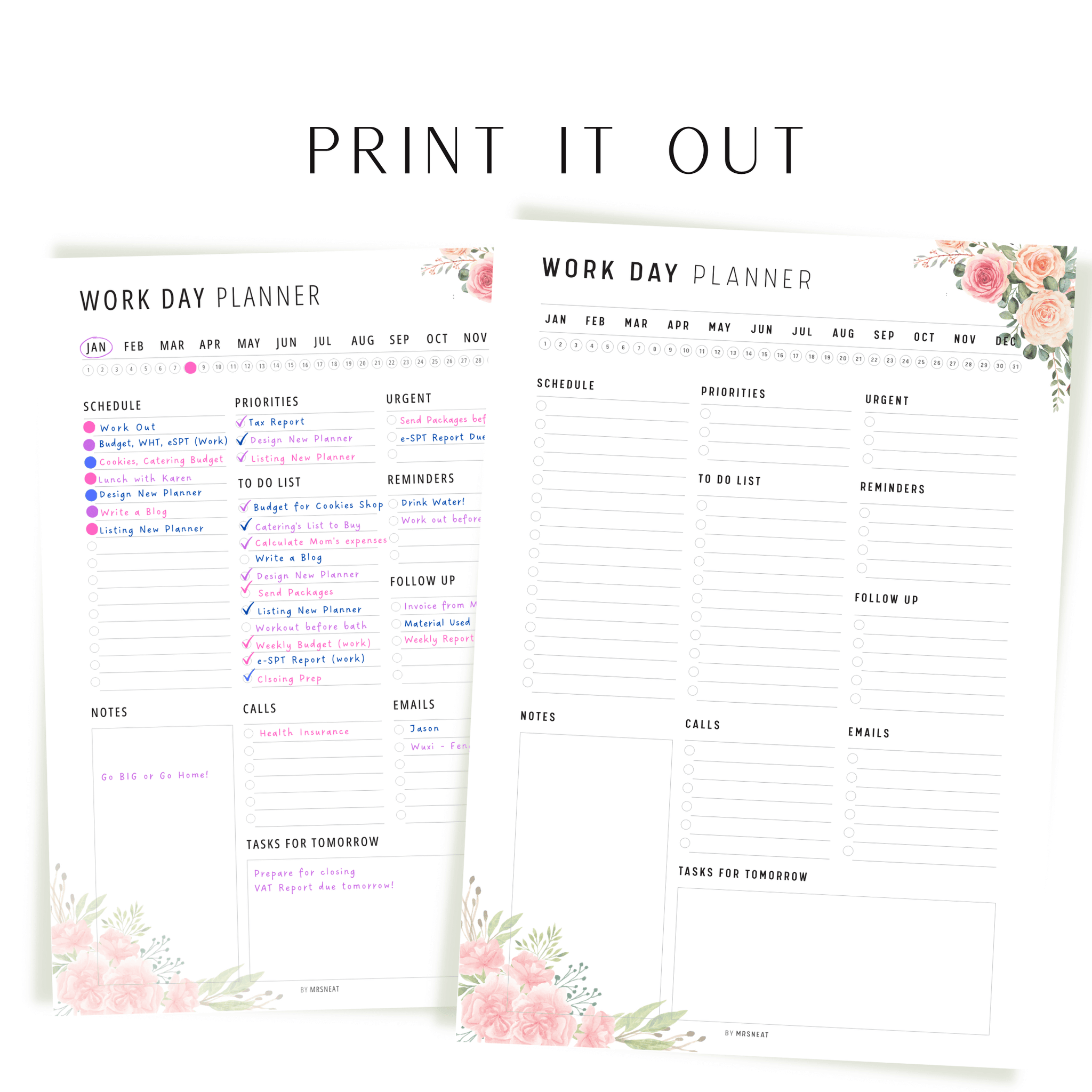 Floral Work Day Planner Printable – mrsneat