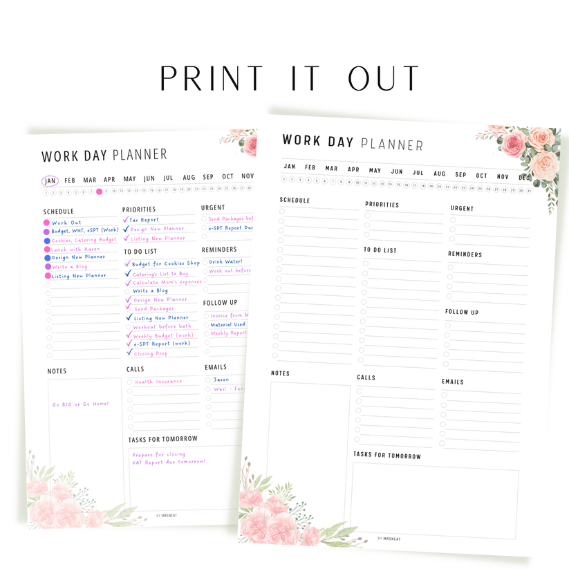 Floral Work Day Planner Printable – mrsneat
