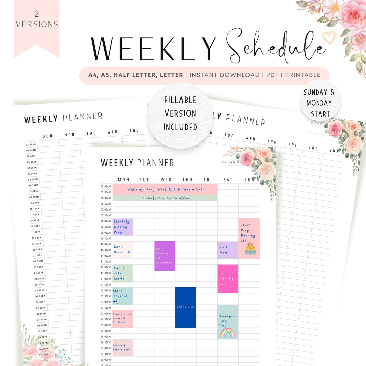 Floral Half Hour Weekly Schedule Printable - M208 – mrsneat