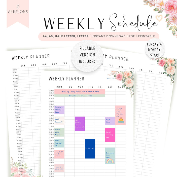 Floral Half Hour Weekly Schedule Printable - M208 – mrsneat